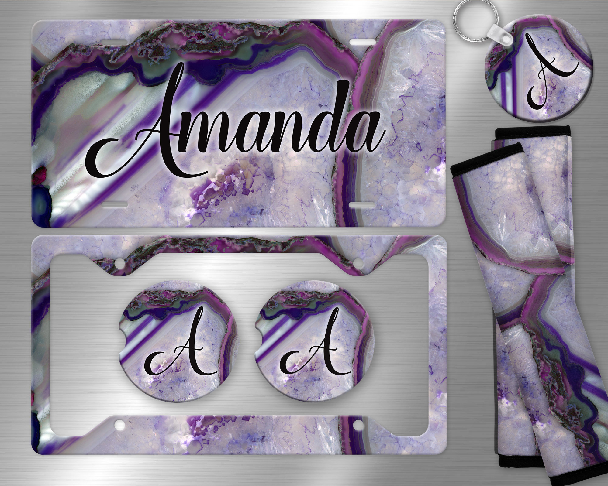 Purple Agate Geode License Plate & Frame: Car Coasters and Seat Belt ...