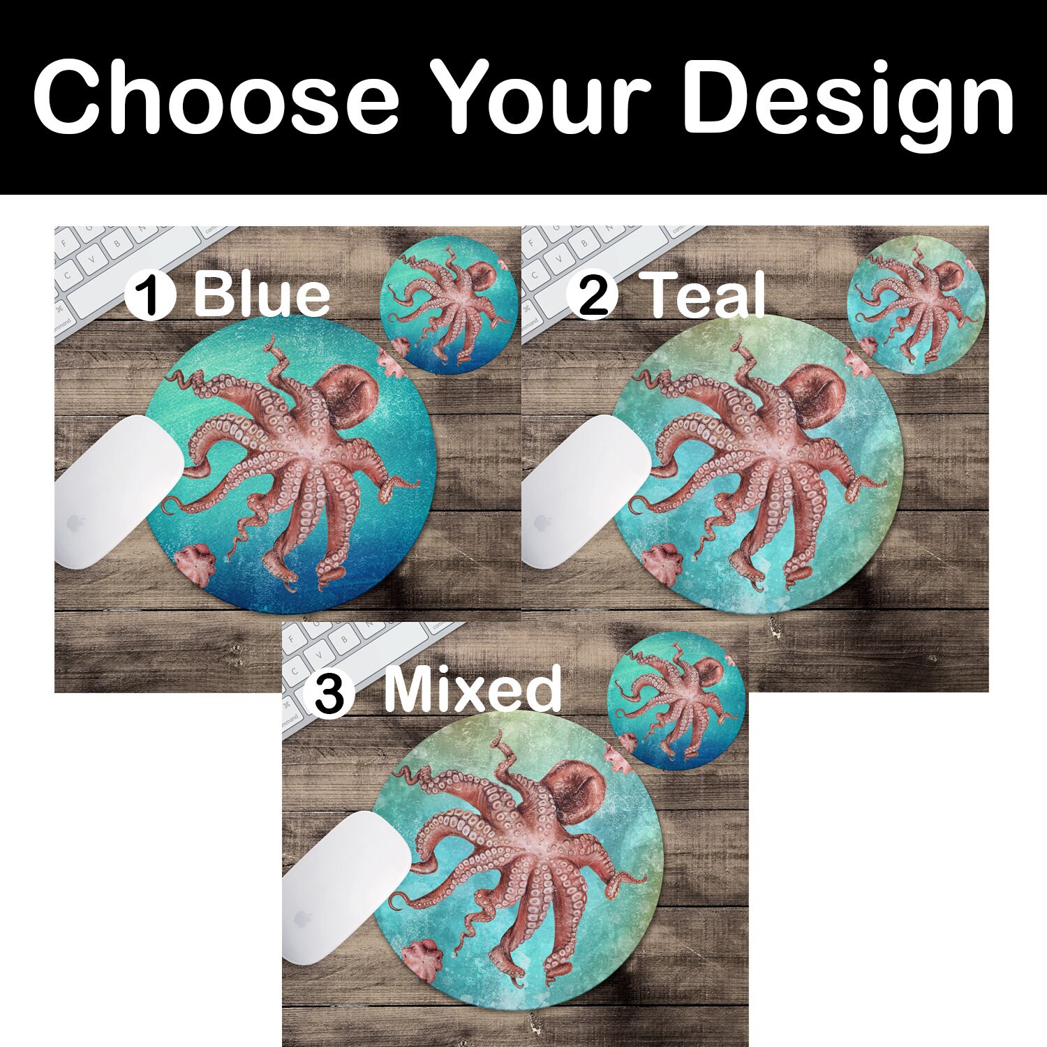Octopus Mouse Pad & Coaster Teal Octopus MousePad Gift for | Etsy