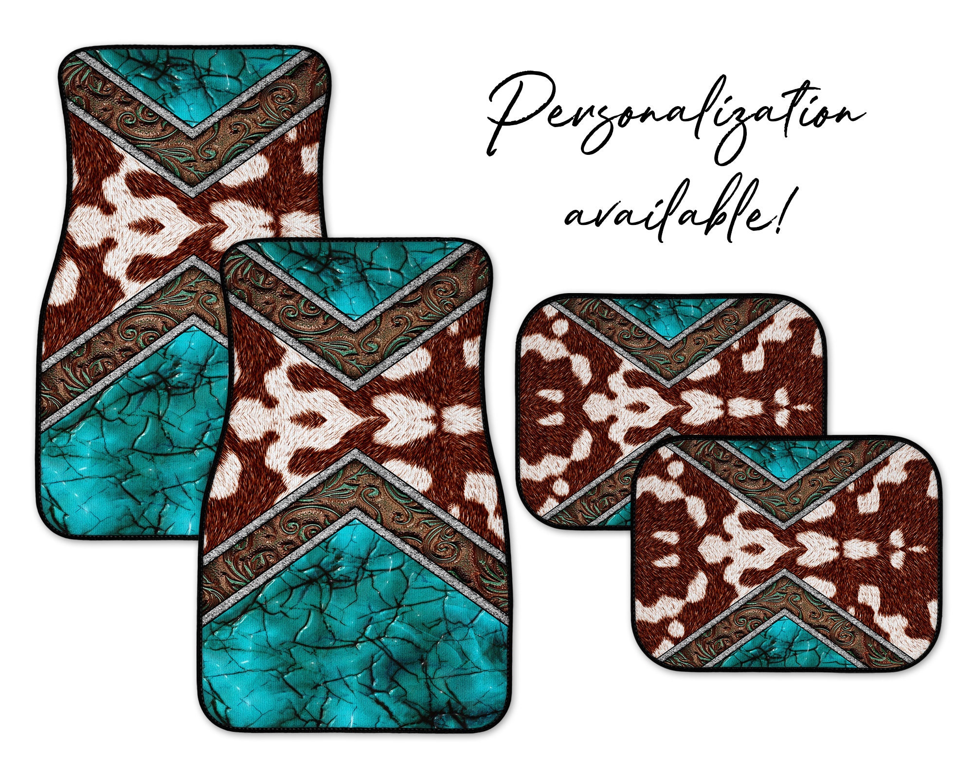 Cow Hide Turquoise Western Car Mats Personalization Available Etsy