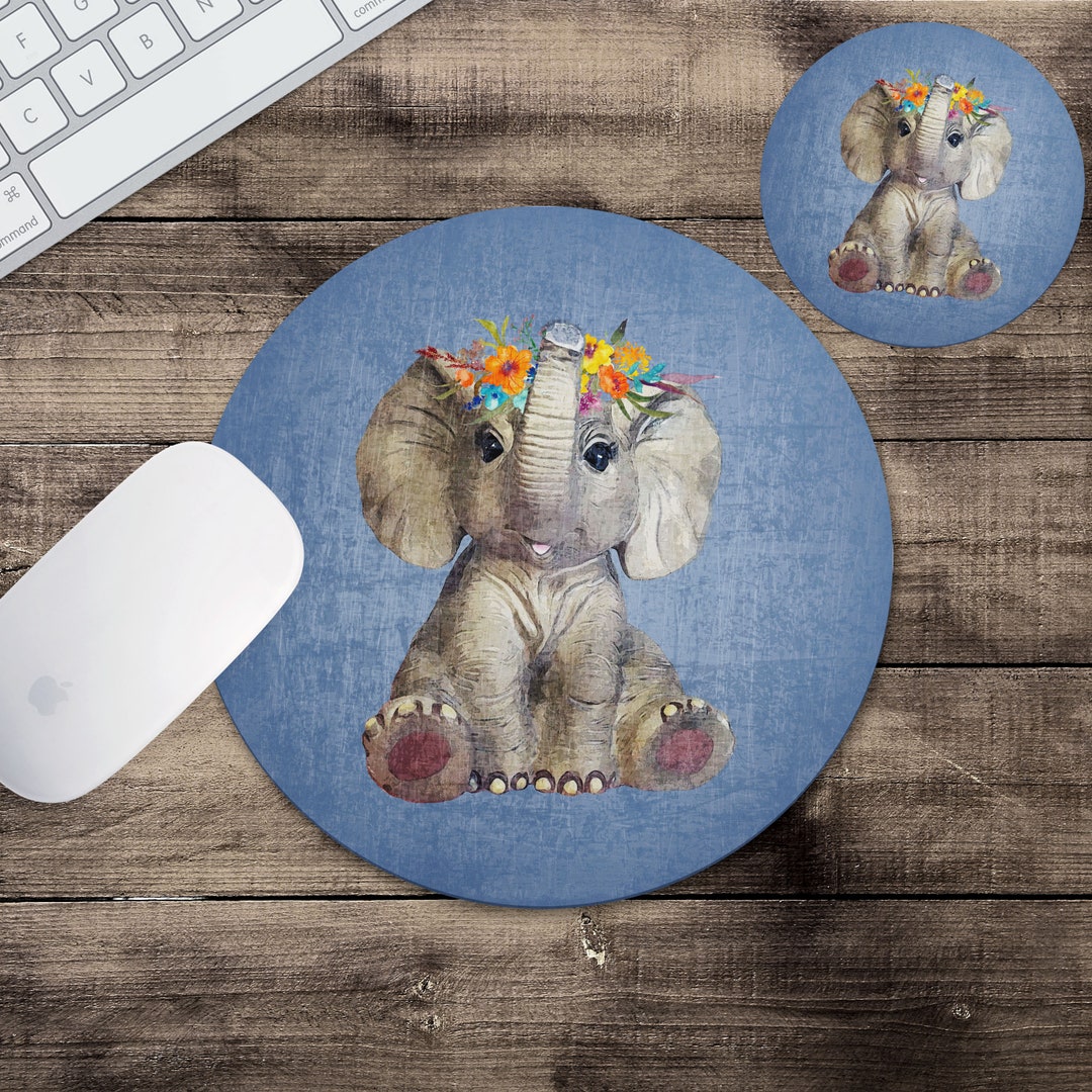 Baby Elephant Mouse Pad & Coaster Set: Blue Floral Office Decor - Etsy