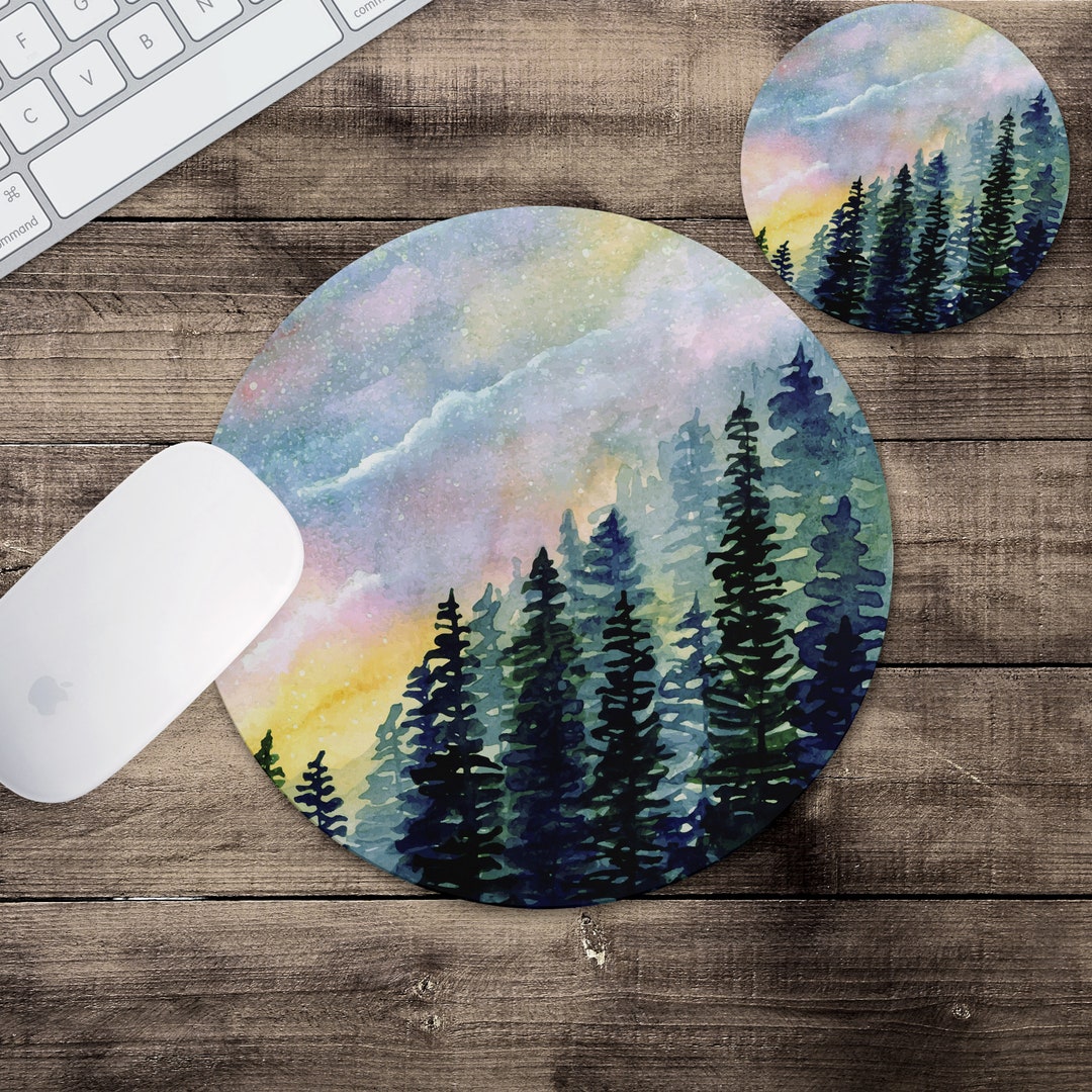 Dreamy Mountain Forest Mouse Pad & Coaster Green | Forest Mousepad ...