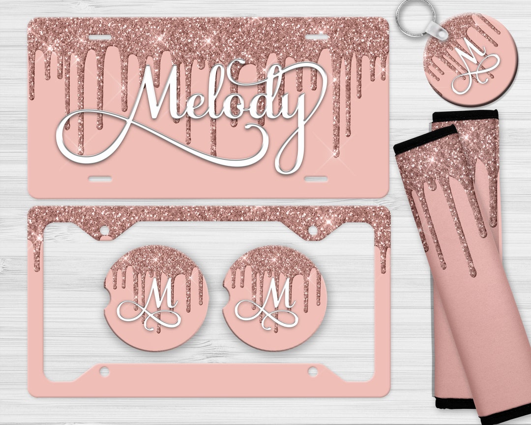 Rose Gold Glitter Drip License Plate & Frame: Personalized Car Coasters ...