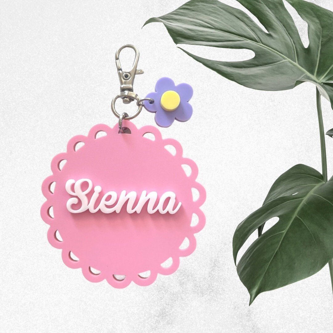 Personalised Layered Name Bag Tag With Flower Charm / School Bag Tag - Etsy