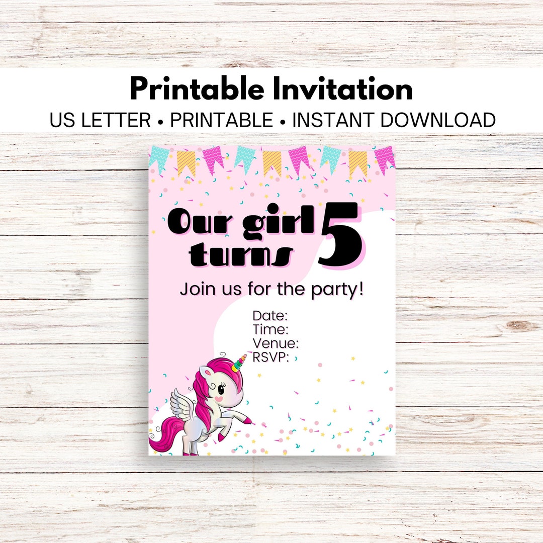 Printable Birthday Party Invitation for 5 Year Old Girl - Etsy