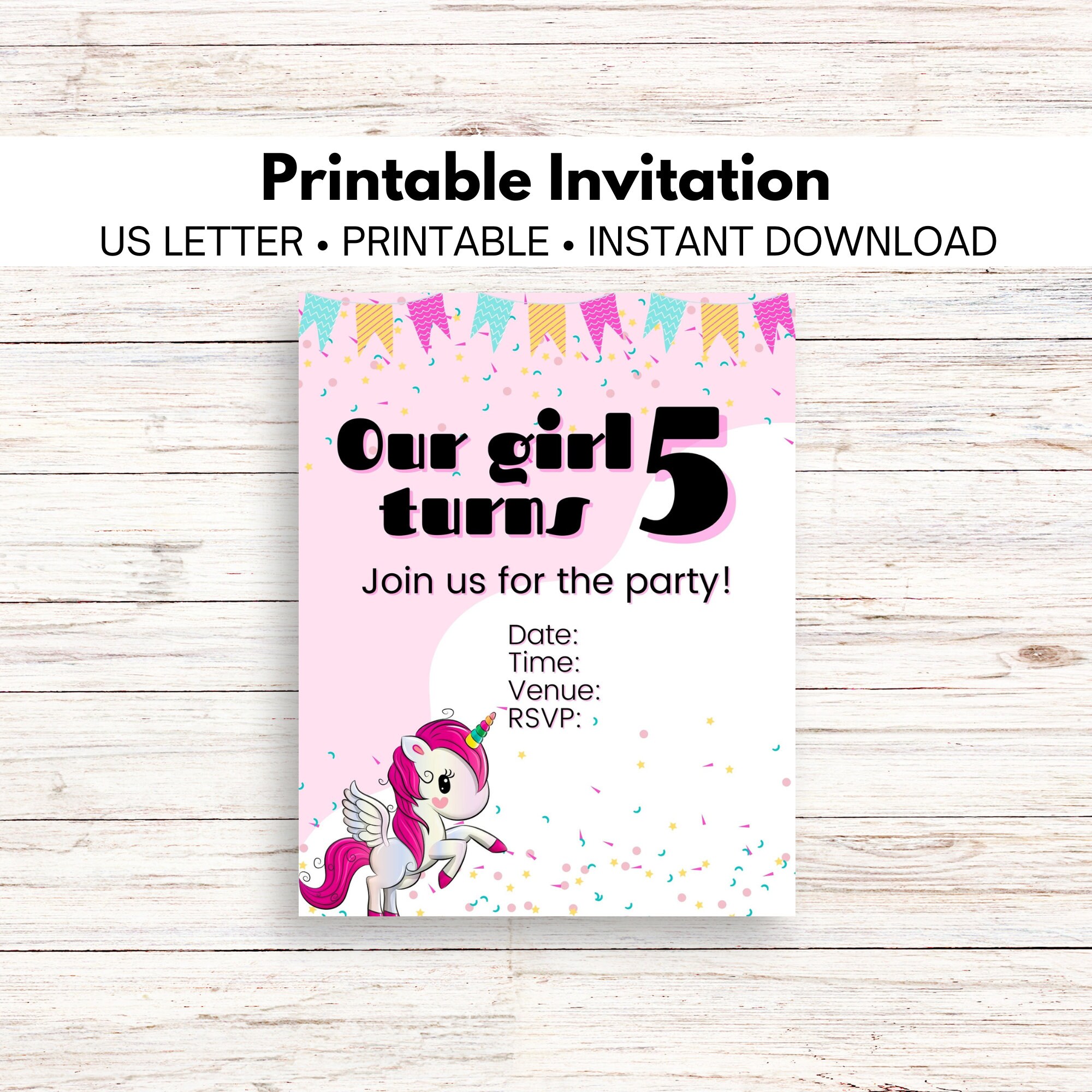 Printable Birthday Party Invitation for 5 Year Old Girl - Etsy