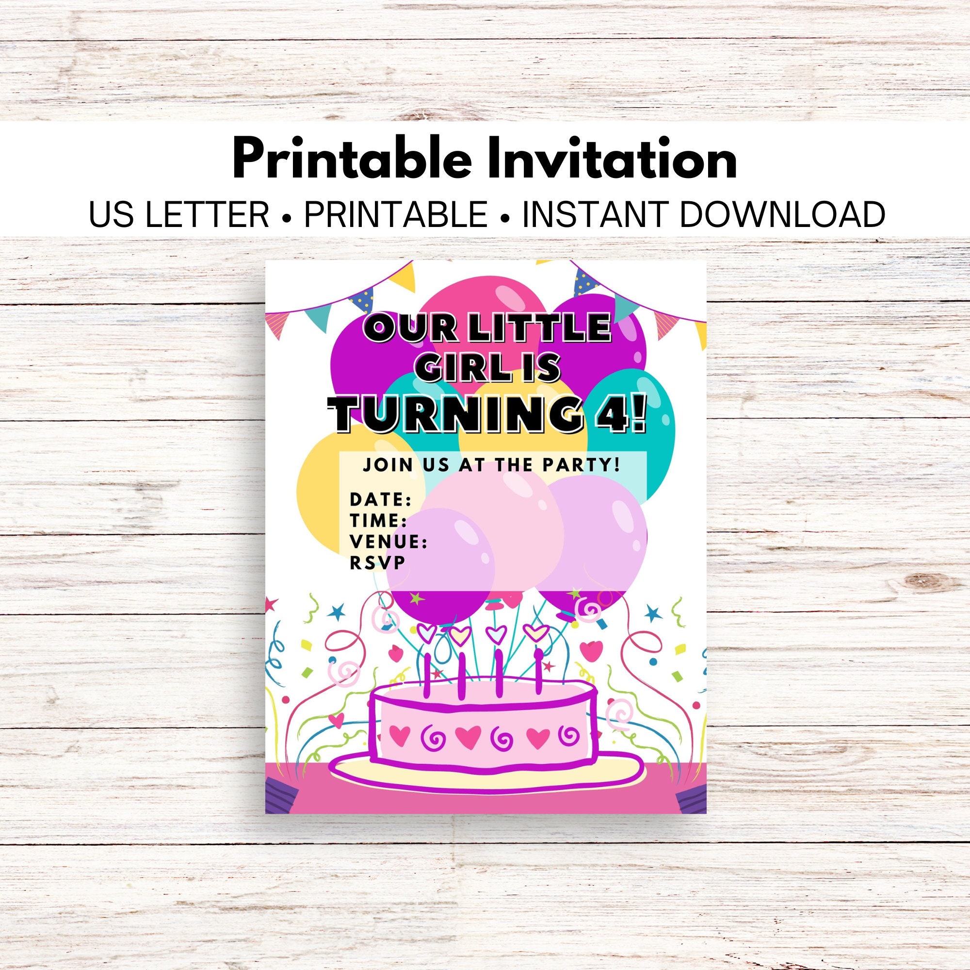 Printable Birthday Party Invitation for 4 Year Old Girl - Etsy