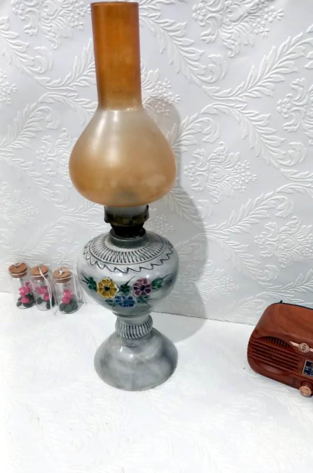 Vintage Ceramic Oil Lamp With Floral Decoration, Glass Paraffin Lamps ...