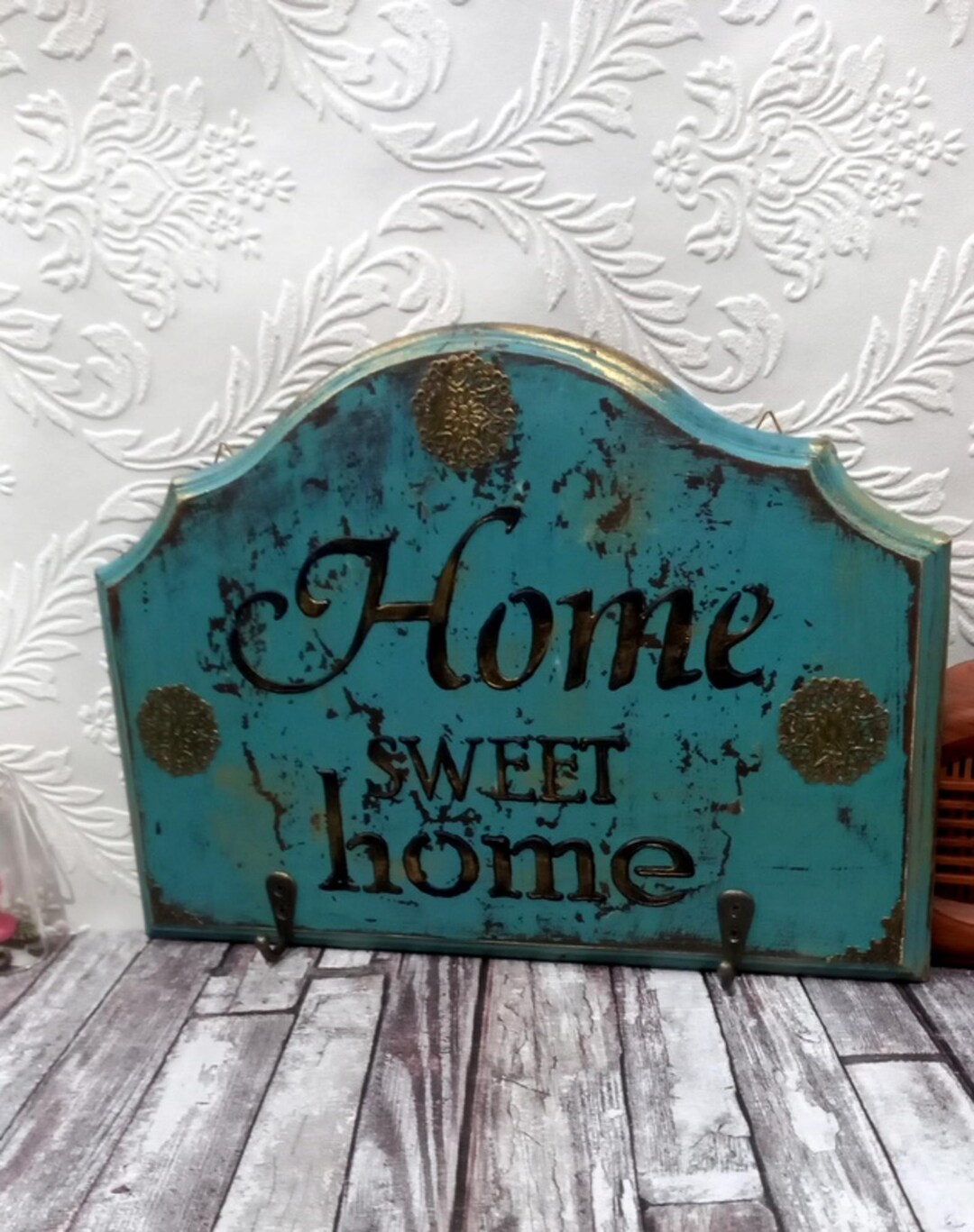 Handcrafted "home Sweet Home" Key Holder With Vintage Hooks - Etsy