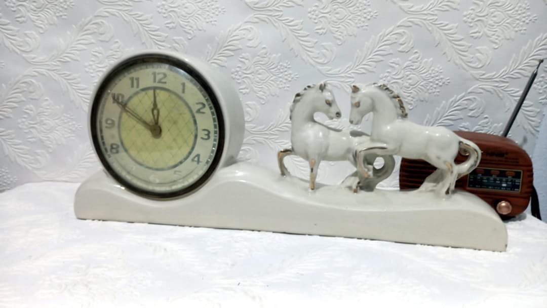 Vintage Ceramic Table Clock With Two Horses on the Base, Vintage ...