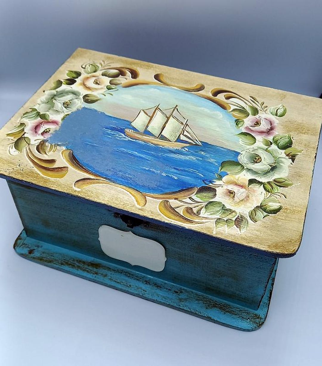 Decoupage Wooden Jewellery Box With a Ship in the Sea in Vintage Style ...