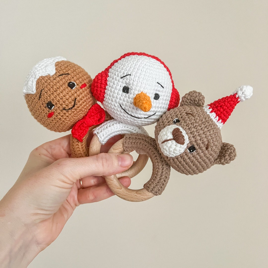 Crochet Christmas Baby Rattle Set: Teddy Bear, Snowman, Gingerbread Man ...
