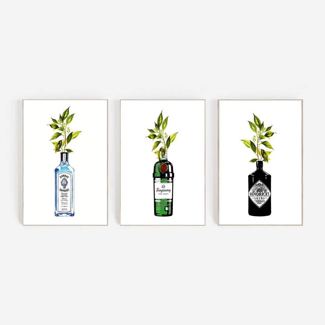 Gin Posters Set of 3 | Bar Cart Prints | Gin and Flowers Art | Gin ...