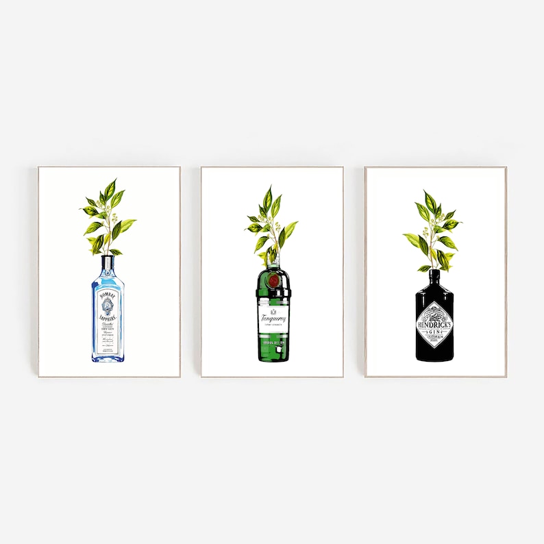 Gin Posters Set of 3 Bar Cart Prints Gin and Flowers Art Gin Bottle Art ...