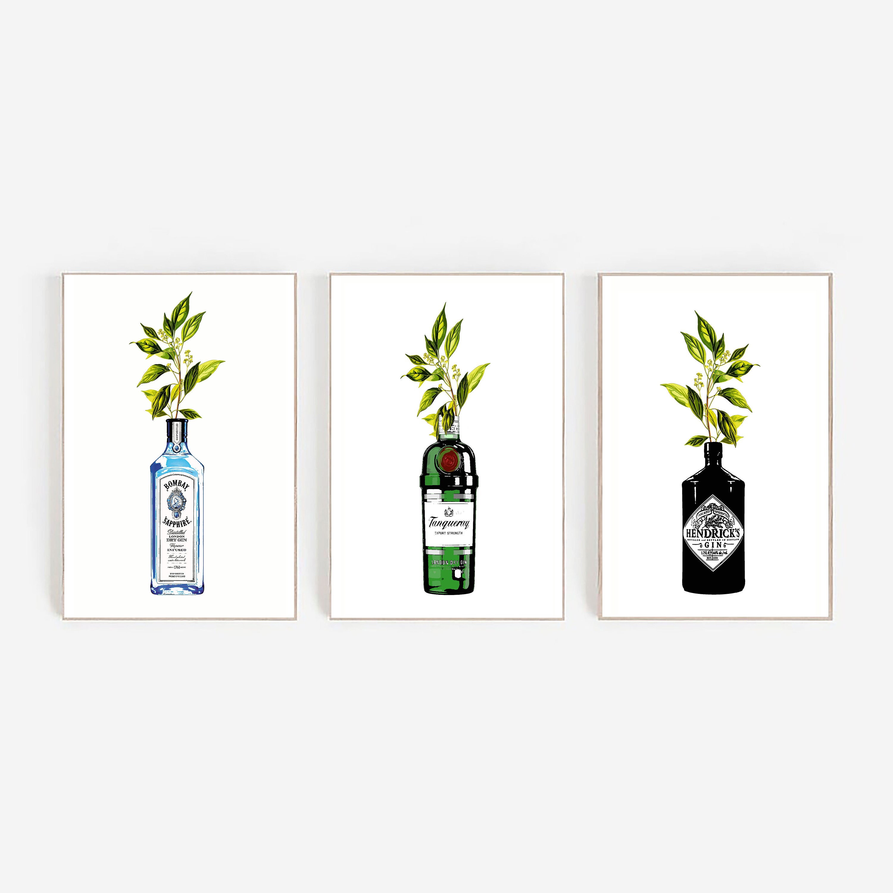 Gin Posters Set of 3 Bar Cart Prints Gin and Flowers Art Gin Bottle Art ...