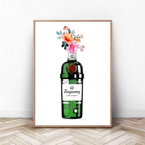 Gin Print | Tanqueray Gin Poster | Bar Cart Art | Gin and Flowers Art ...