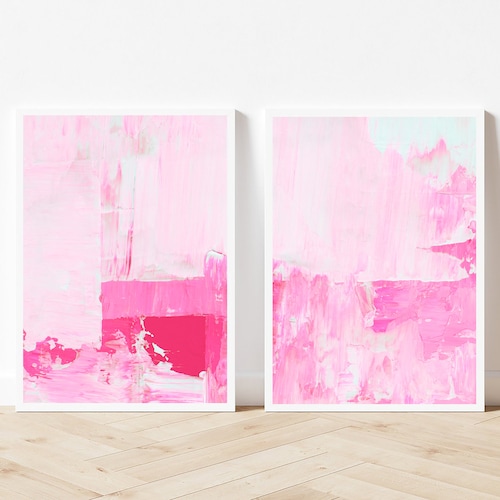 Set of 2 Pink Prints Pink Abstract Print Set Hot Pink Wall - Etsy