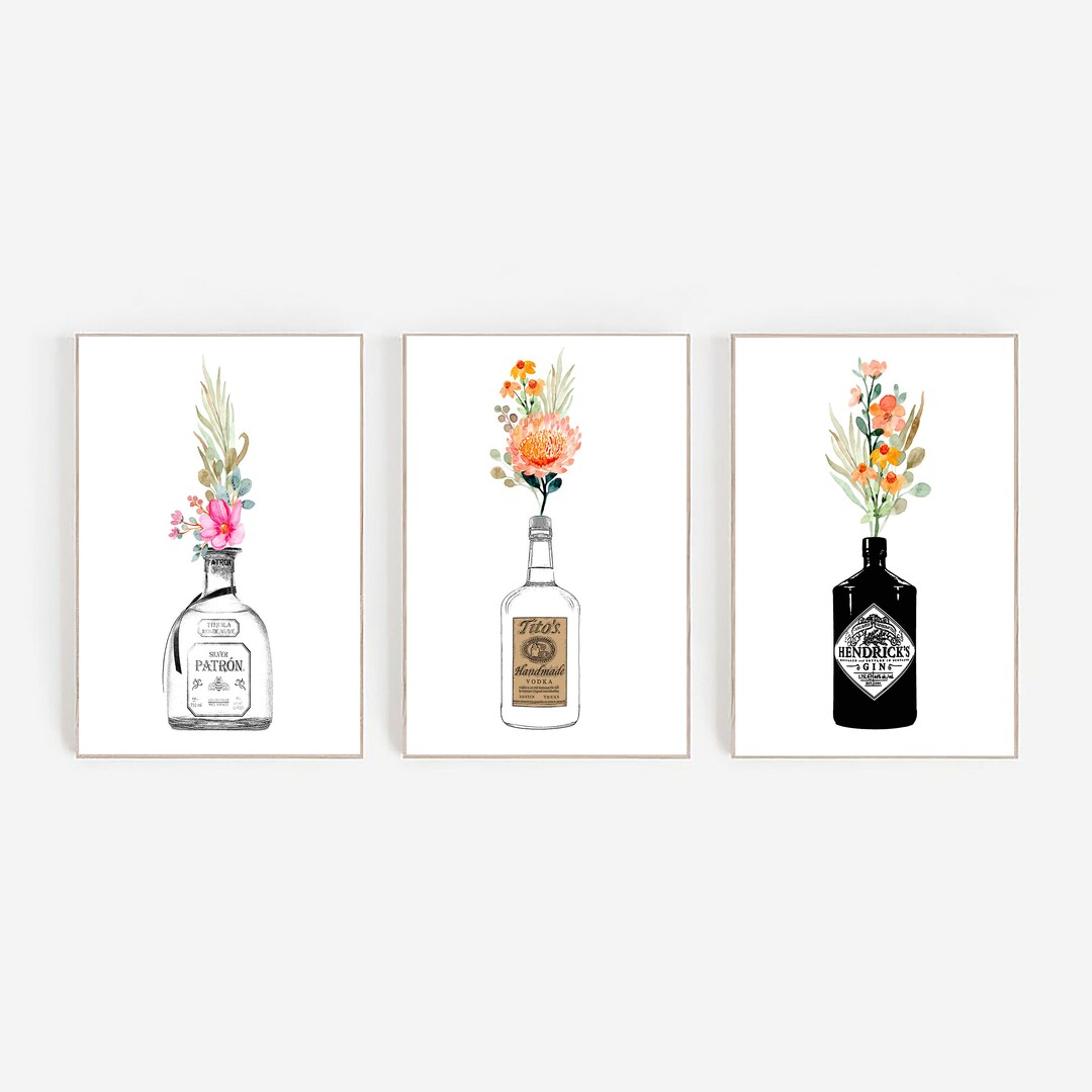 Set of 3 Bar Cart Wall Art Posters | Alcohol Bar Cart Decor | Hendricks ...