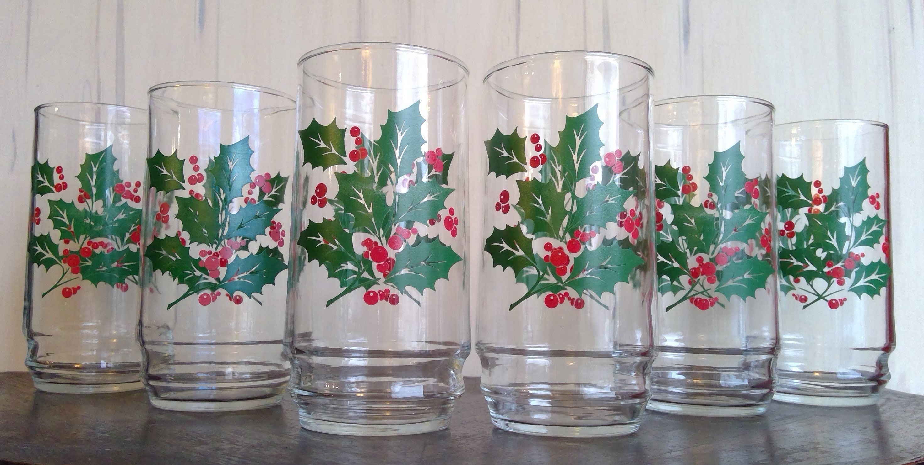 Vintage Christmas Glasses Set Of 6 Glasses Holly And Etsy