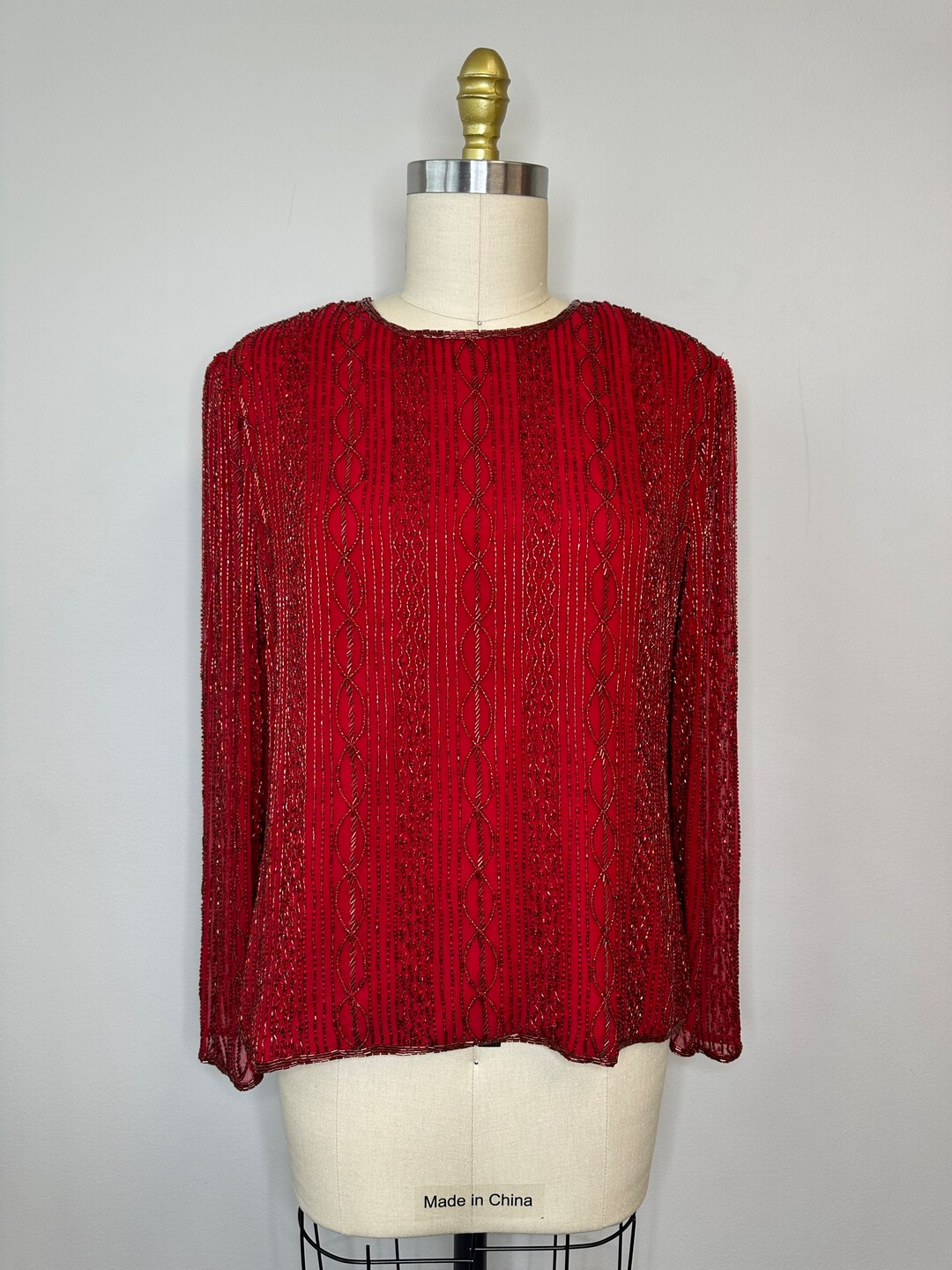 Vintage Red Beaded Silk Long Sleeve Blouse - Etsy New Zealand