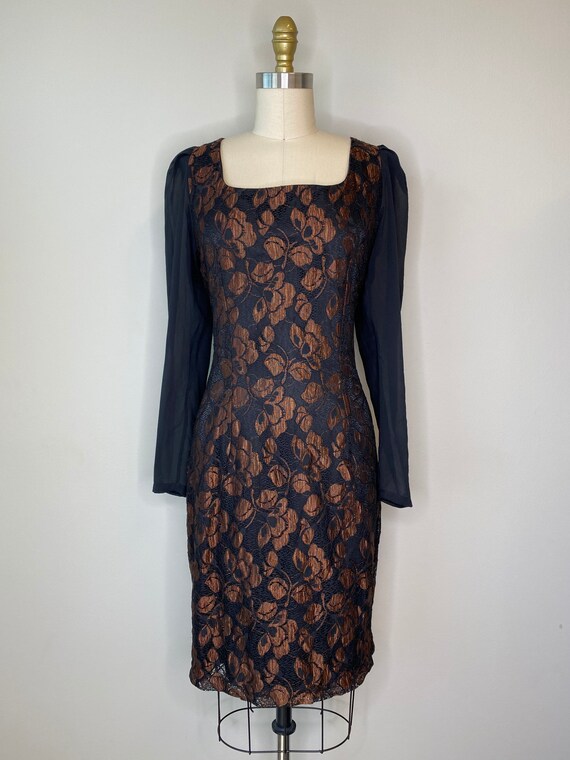 Vintage Black Sheer Sleeves With Bronze Flower Dress Gem