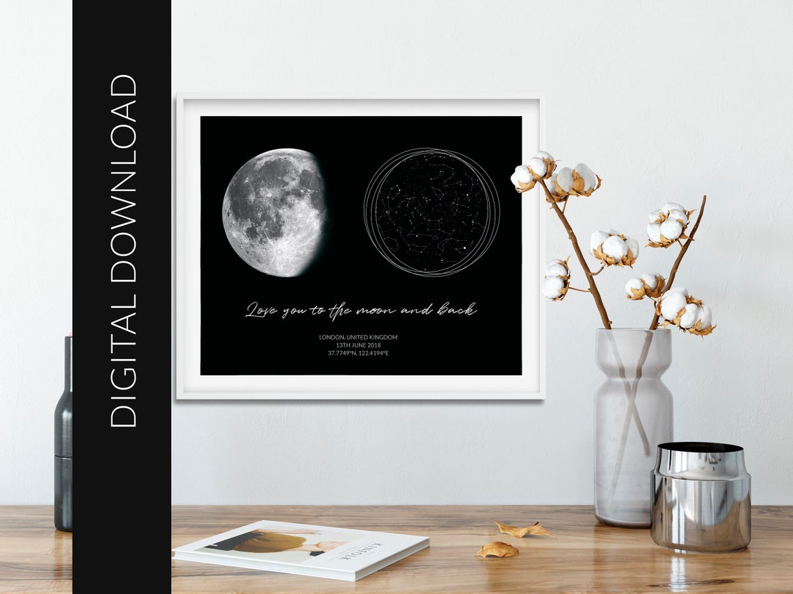 Custom Digital Star Map With Moon Phase 20x16in Great | Etsy