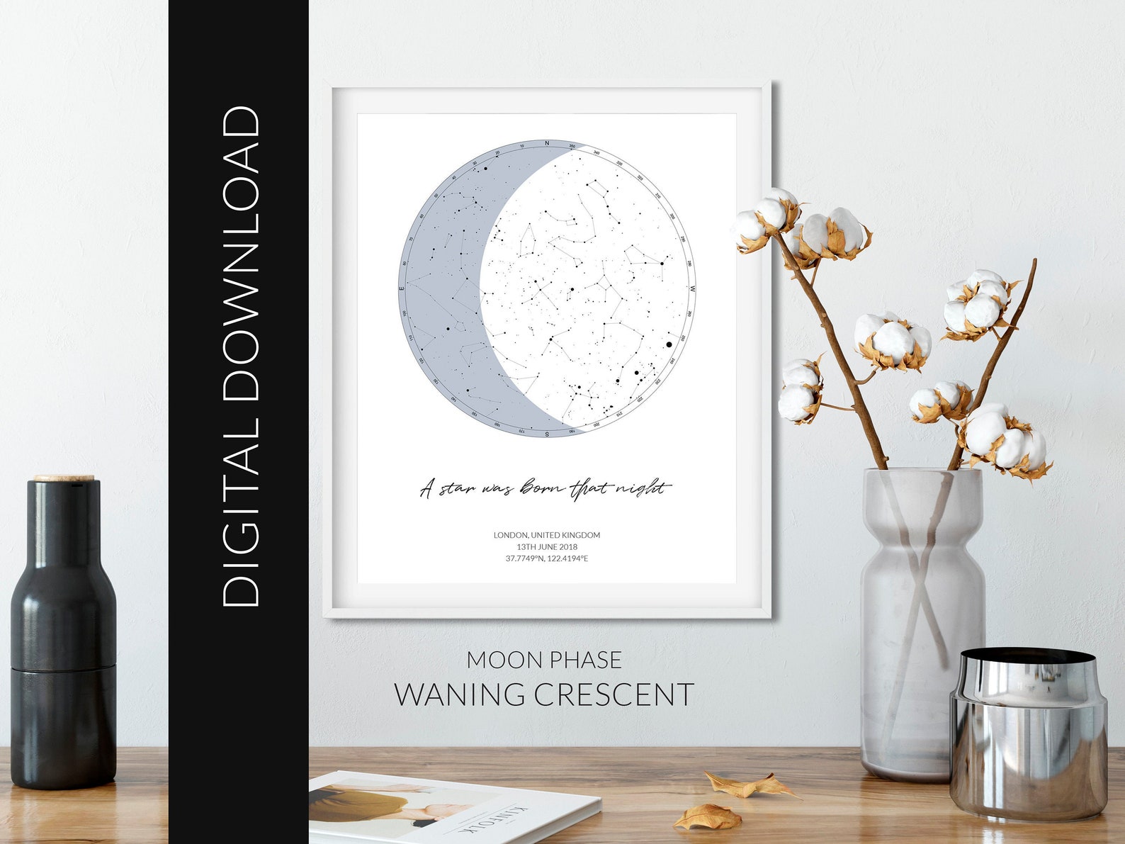 Custom Digital Star Map With Moon Phase 20x16in Great | Etsy