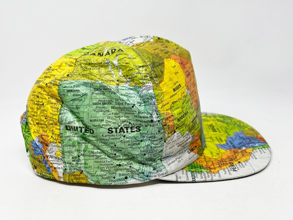 Vintage World Map Hat 90s Tyvek Snapback Cap Kurt Cob… - Gem