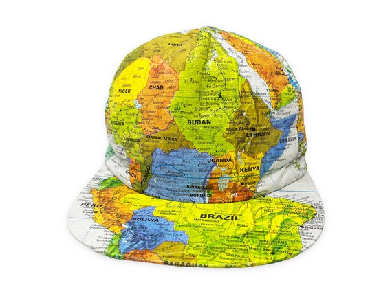 Vintage World Map Hat 90s Tyvek Snapback Cap Kurt Cob… - Gem