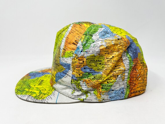 Vintage World Map Hat 90s Tyvek Snapback Cap Kurt Cob… - Gem