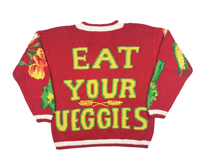 Vintage Eat Your Veggies Sweater Vegetables Eagle's Eye Hand Knit V ...