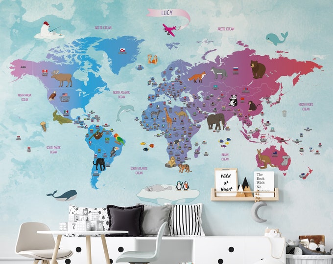 Soft Pink World Map Wallpaper | Cute World Map Kids Wallpaper With ...