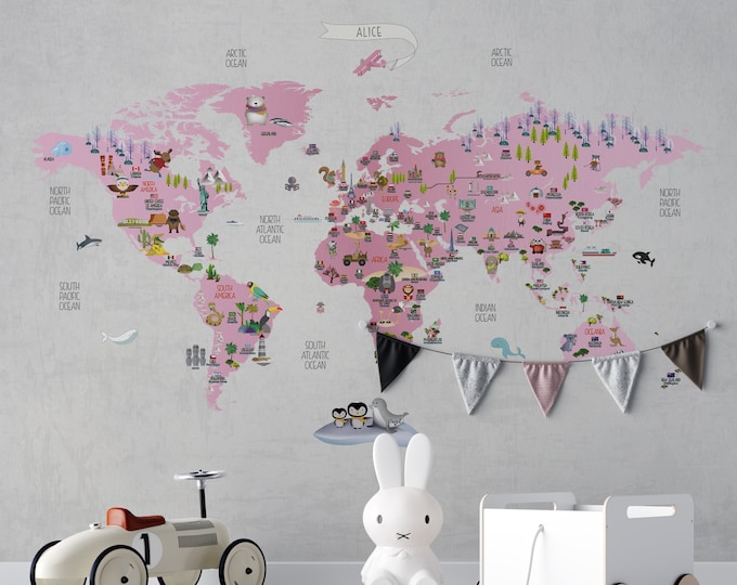 Soft Pink World Map Wallpaper | Cute World Map Kids Wallpaper With ...