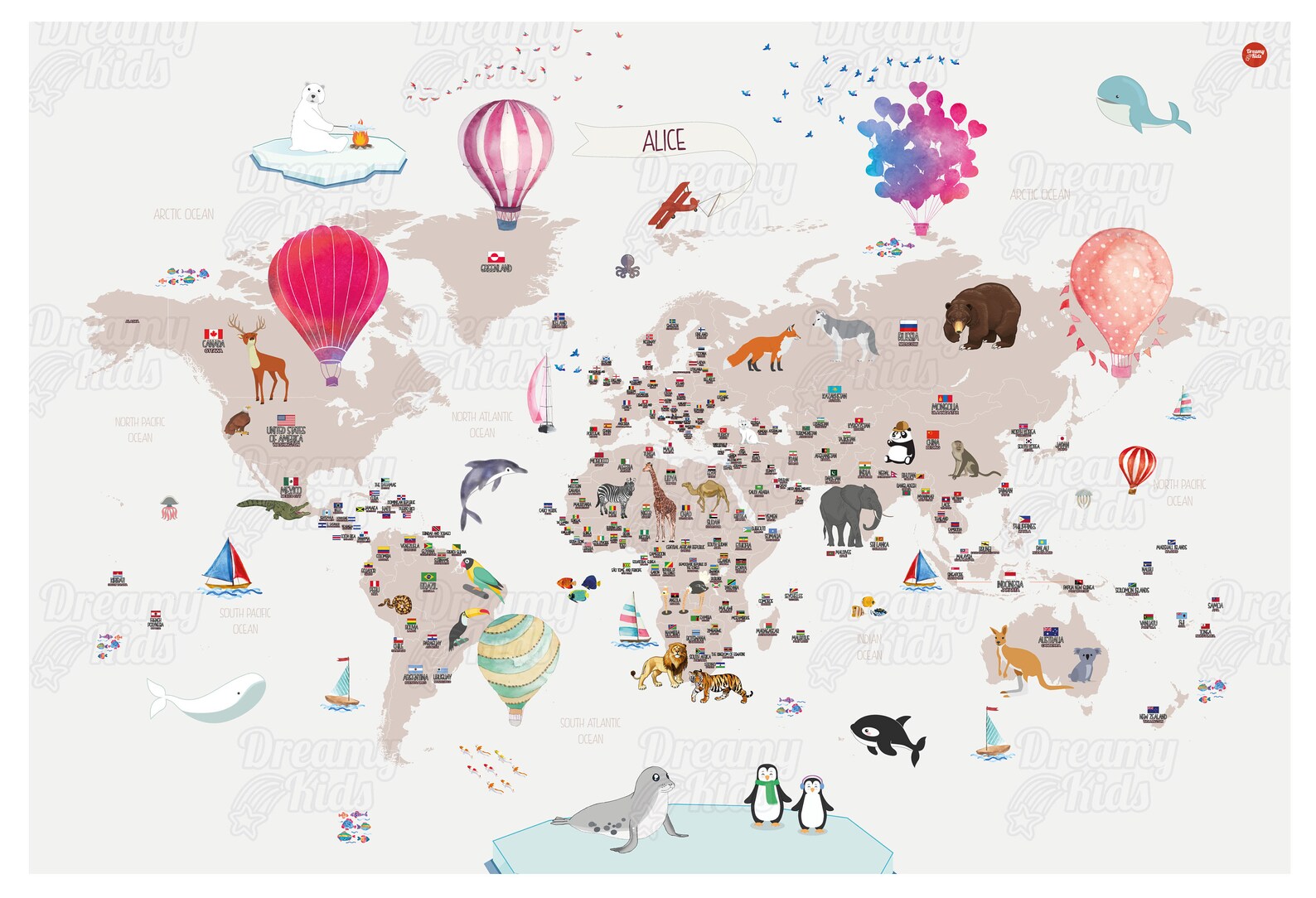 Kids World Map World Map Wallpaper Hot Air Balloon Kids - Etsy