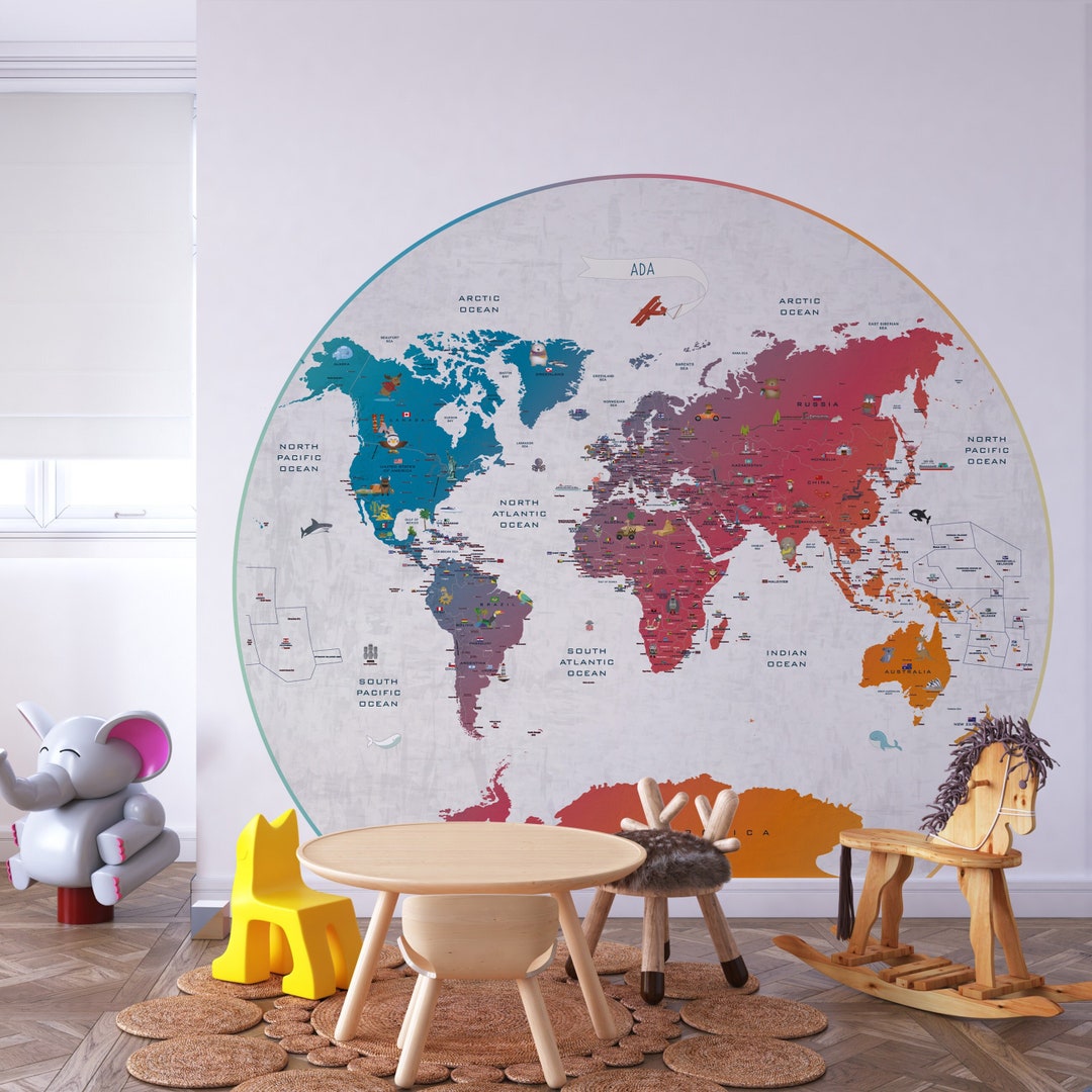 Kids World Map, World Map Wallpaper, Kids Wallpaper, Animals Map - Etsy