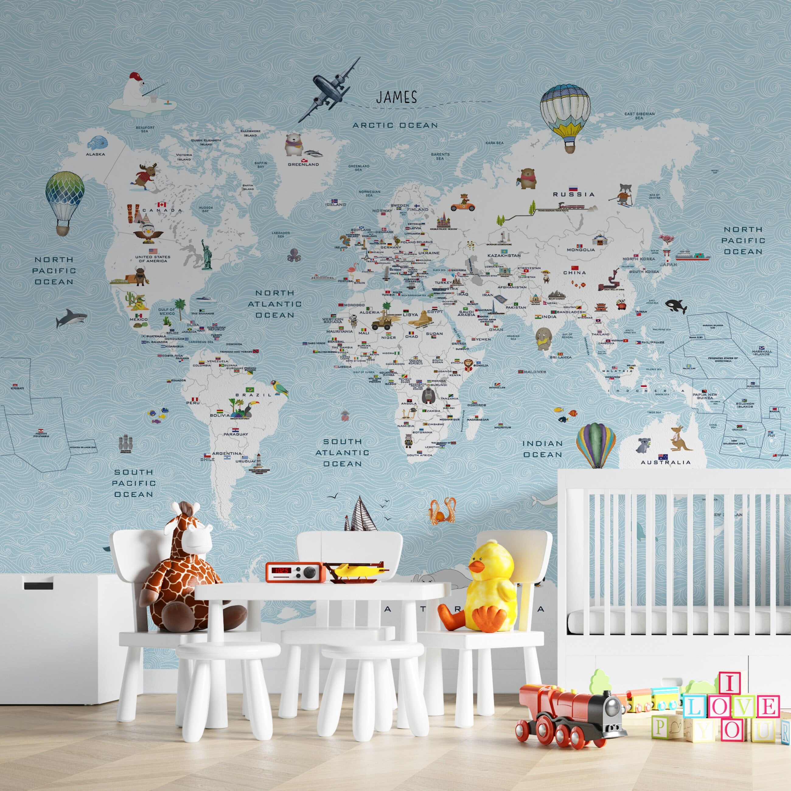 Dark Blue Kids World Map World Map Wallpaper Kids Animals - Etsy