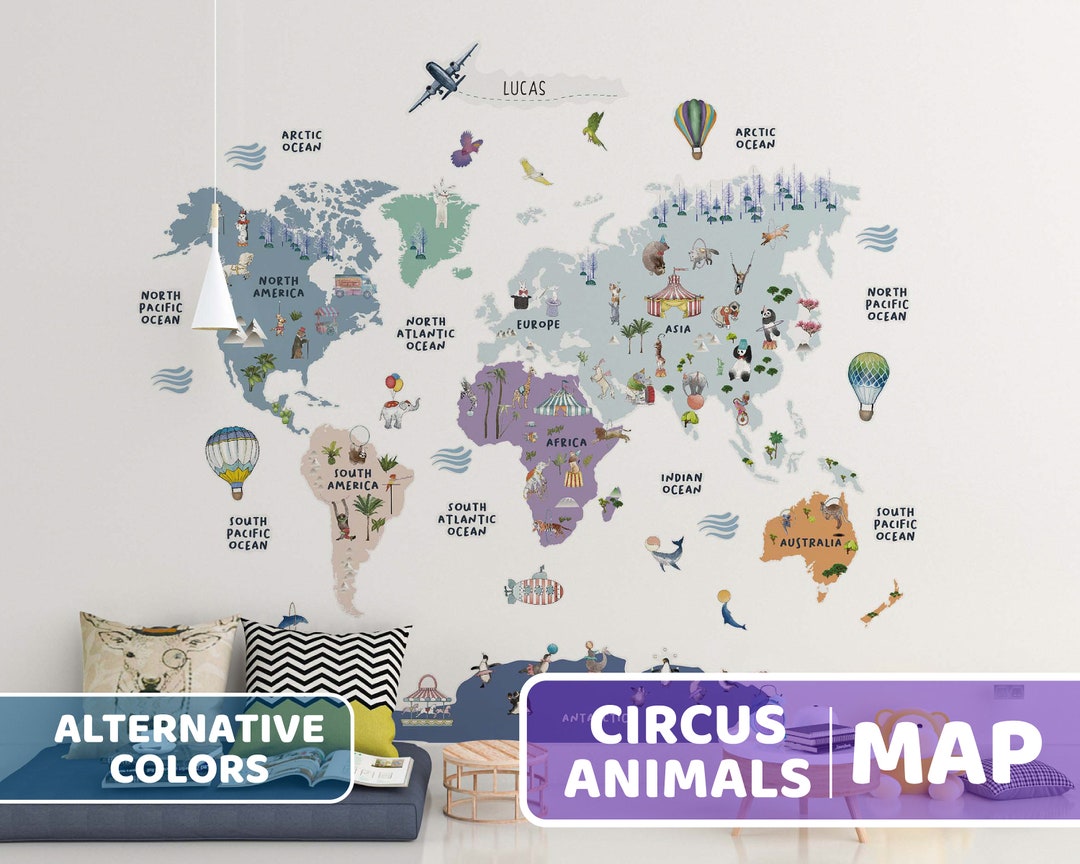 Kids World Map Decal, Circus Animals Map - Etsy
