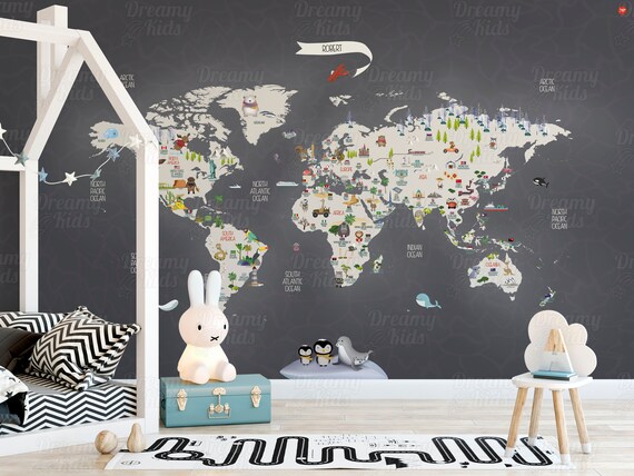 Kids World Map Gray World Map Wallpaper Animal Kids | Etsy