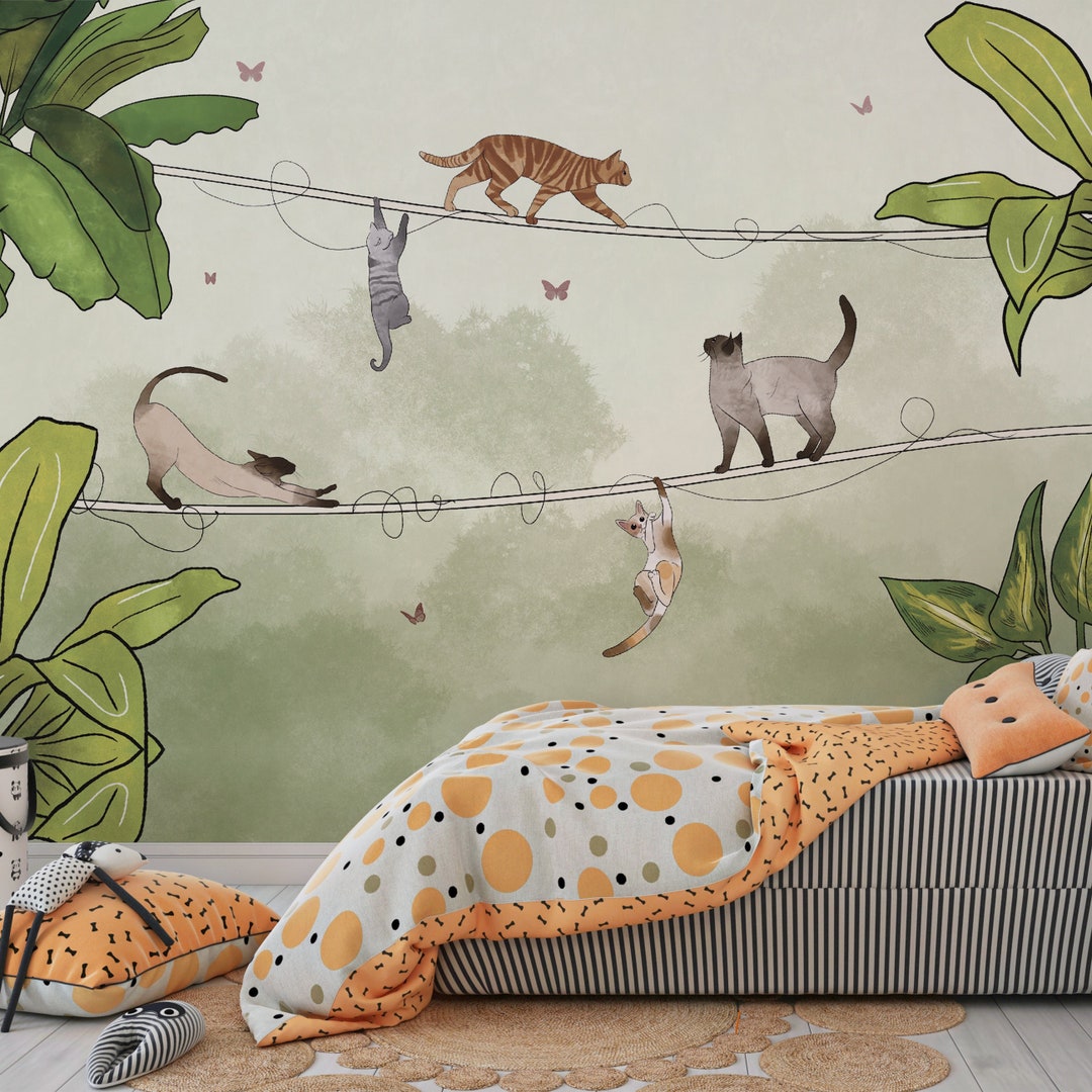 Animal Wallpaper, Cats Wall Mural, Removable Kids Wall Mural, Nursery ...
