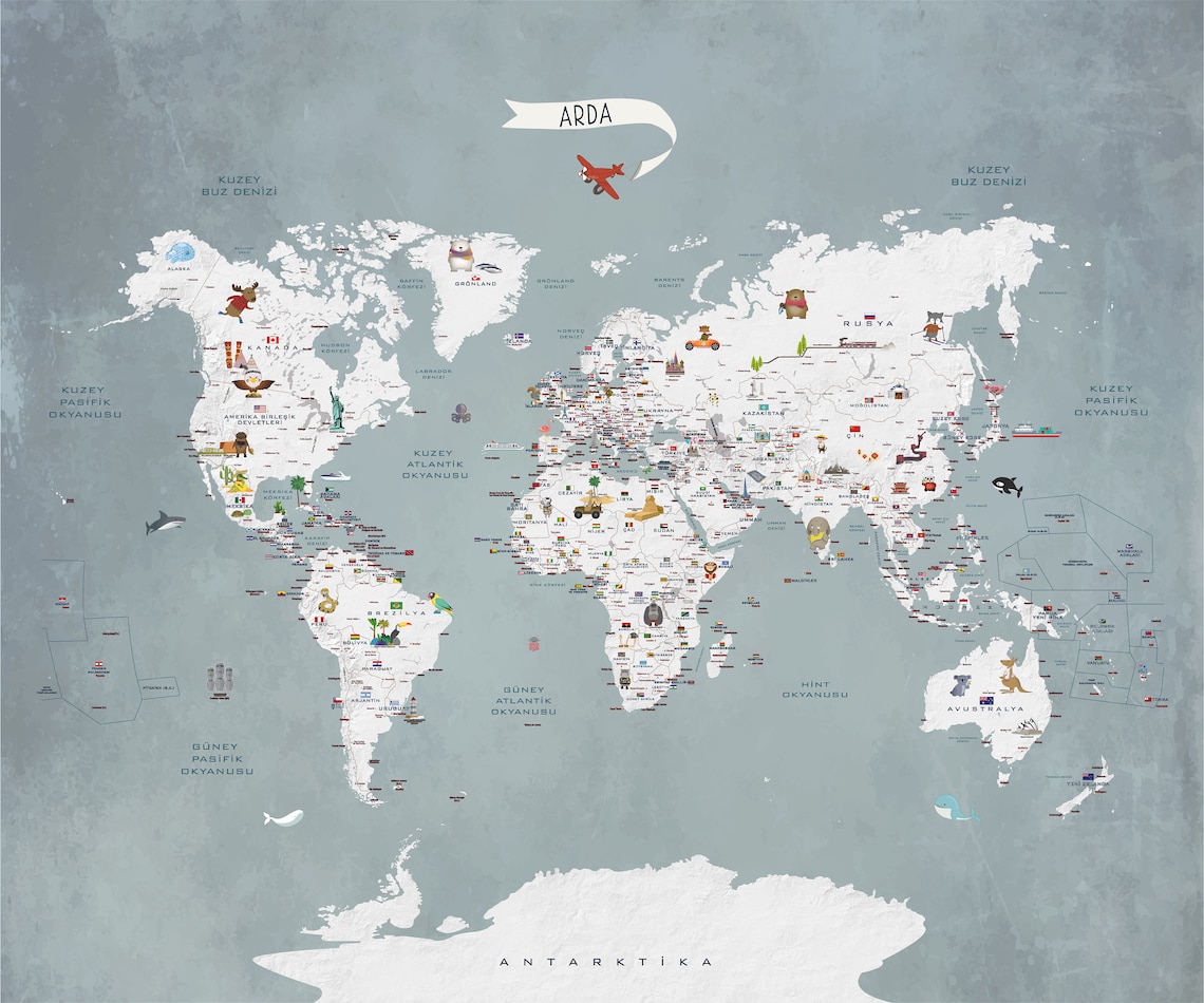 Kids World Map Gray World Map Wallpaper Nursery Wall Mural | Etsy