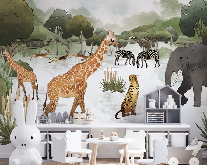 Neutral Animal Print Peel and Stick Wall Mural Beige Safari Self ...