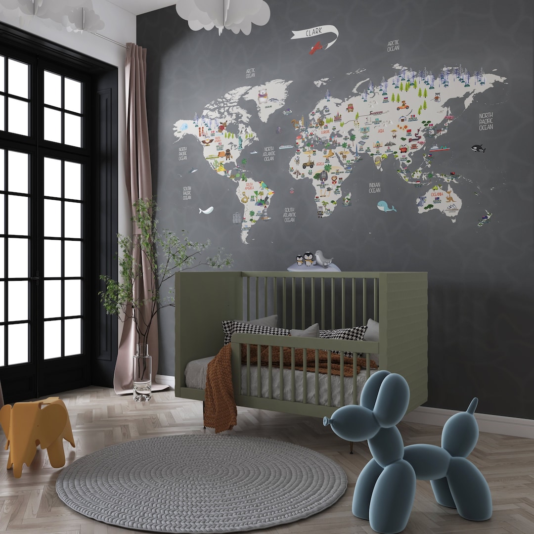 Kids World Map, Gray World Map Wallpaper, Animal Kids Wallpaper - Etsy