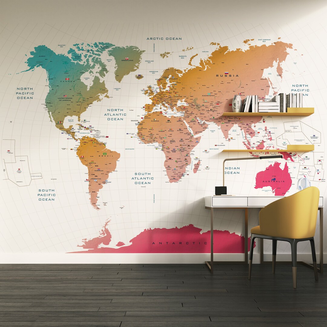 World Map Wallpaper, Ramovable Map Wallpaper, Peel and Stick Map - Etsy