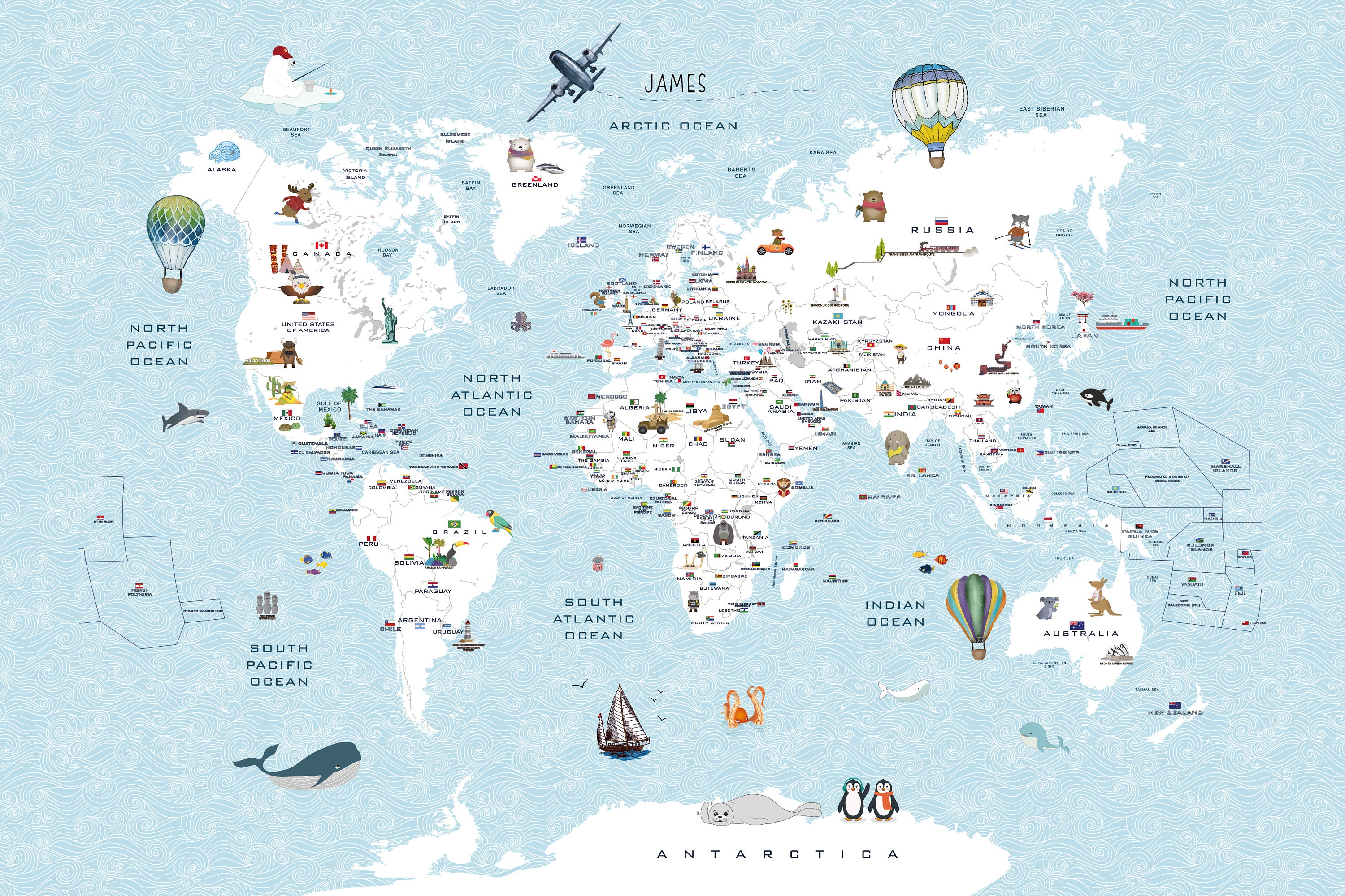 Dark Blue Kids World Map World Map Wallpaper Kids Animals - Etsy