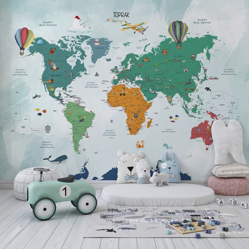 Kids World Map Colorful World Map Wallpaper Kids Animals - Etsy