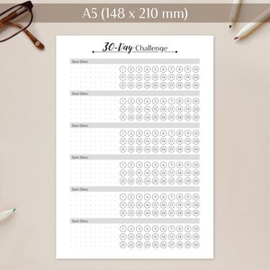 30 Day Tracker Printable | A5 US Half Letter | 30 Day Challenge Sheet ...