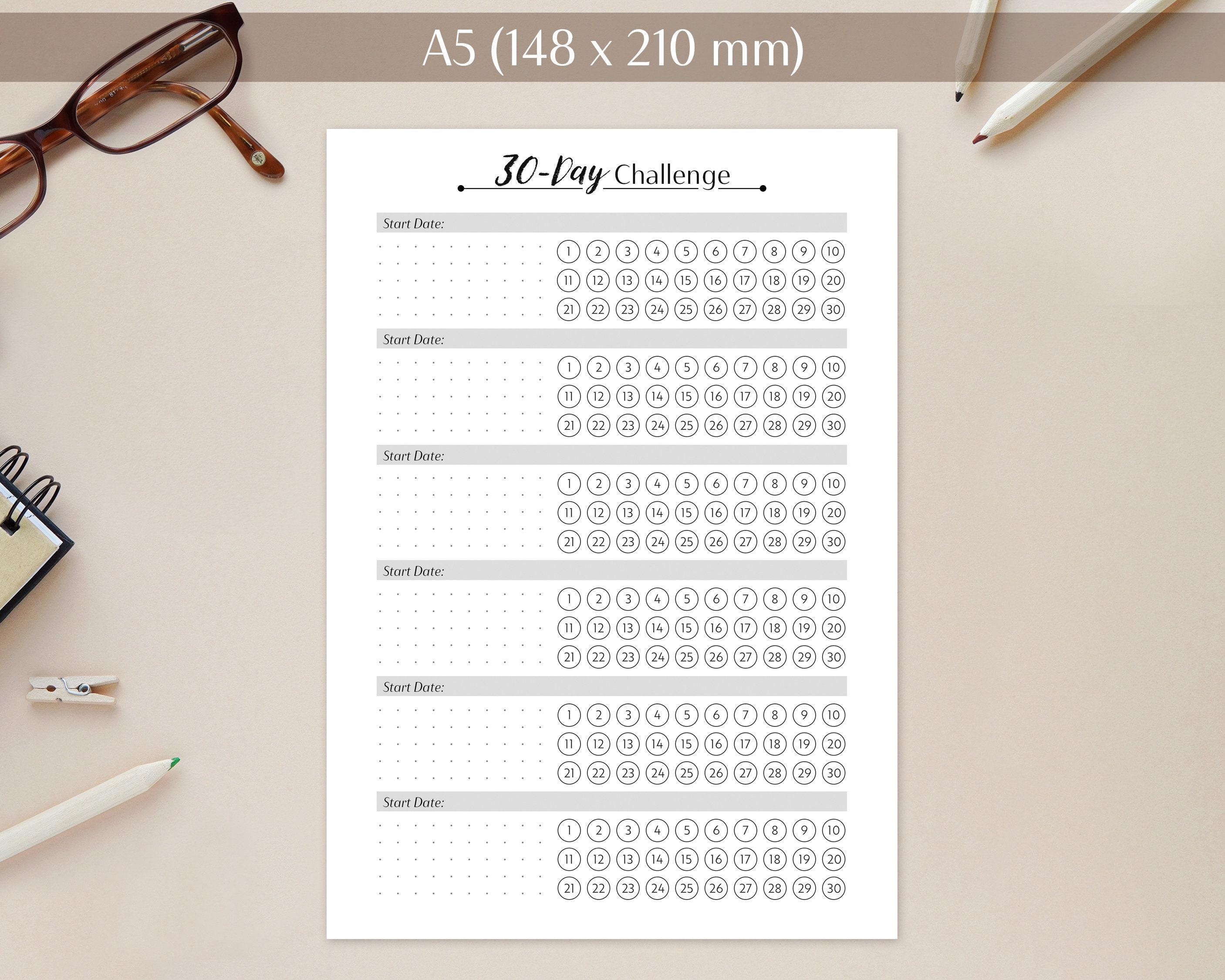 30 Day Tracker Printable A5 US Half Letter 30 Day Challenge Sheet Habit ...