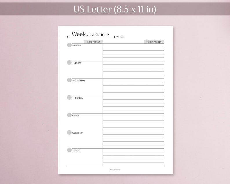 Week at a Glance Printable | A4 A5 US Letter US Half Letter | Weekly ...