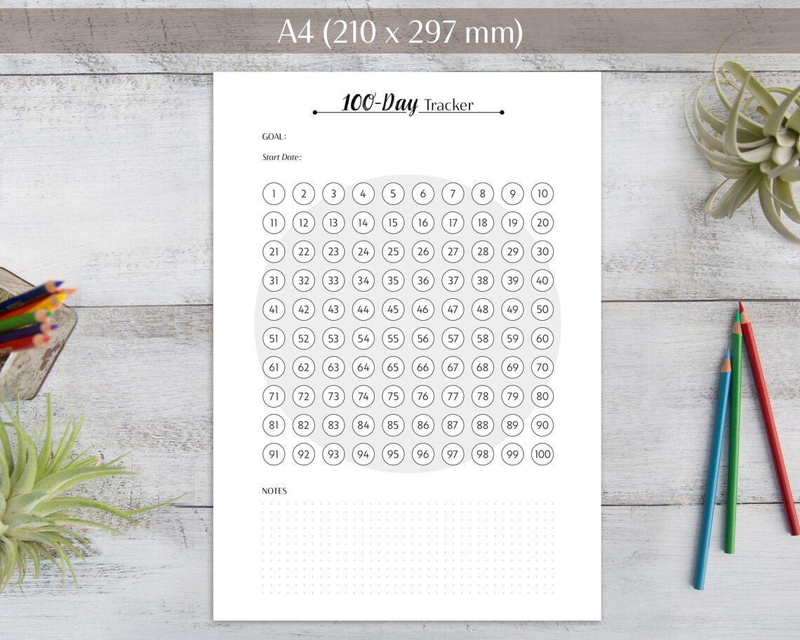 100 Day Tracker Printable A4 US Letter 100-day Challenge Sheet Habit ...