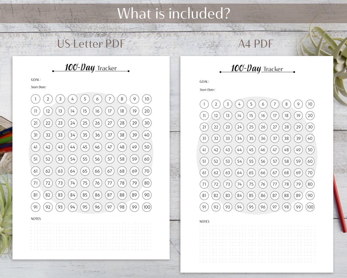 100 Day Tracker Printable A4 US Letter 100-day Challenge Sheet Habit ...