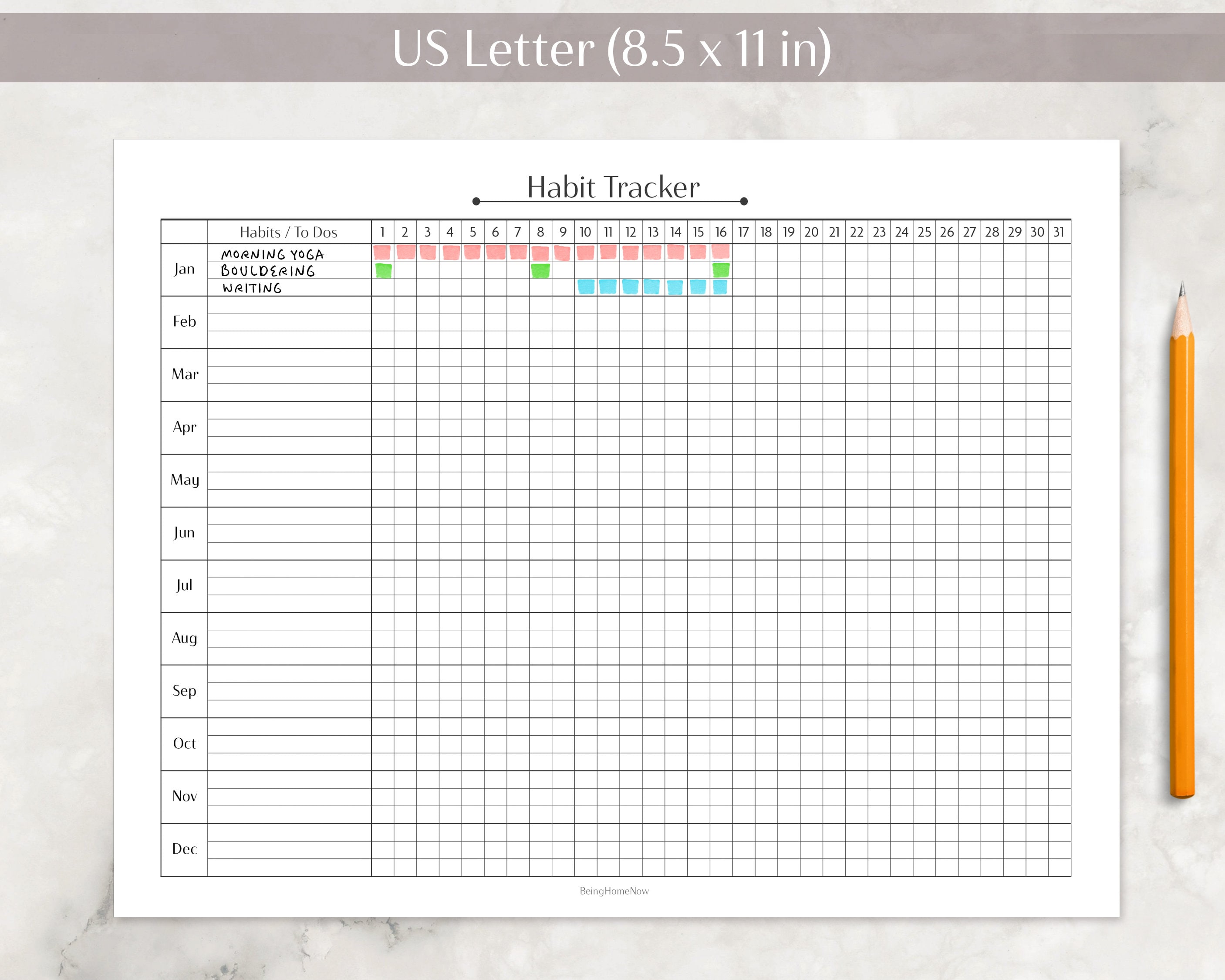 12 Month Habit Tracker Printable A4 US Letter 365 Day - Etsy